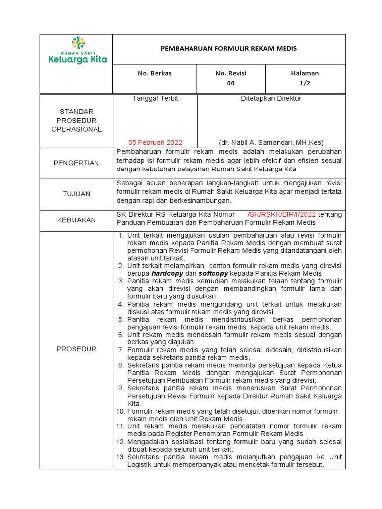 SOP PEMBAHARUAN FORMULIR REKAM MEDIS FIX GUSTI Rev | PDF