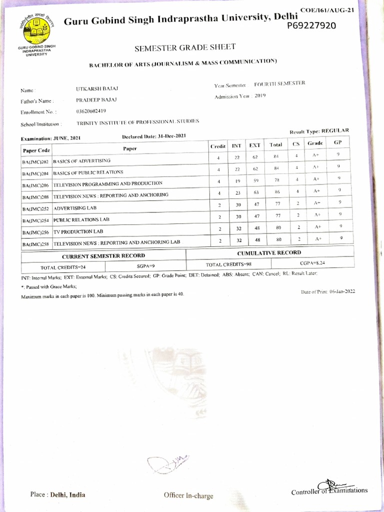 4th Sem Marksheet | PDF