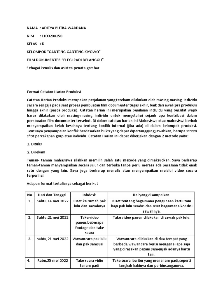 Format Catatan Harian Produksi Aditya Putra Wardana | PDF