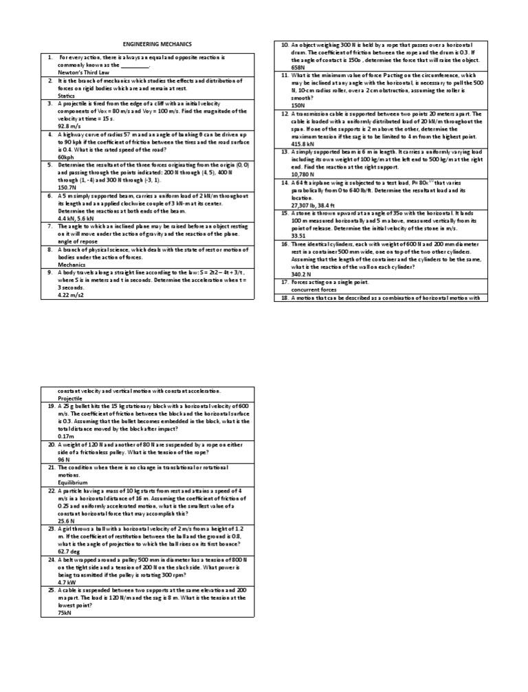 2 ENGINEERING MECHANICS Problems PDF Force Friction