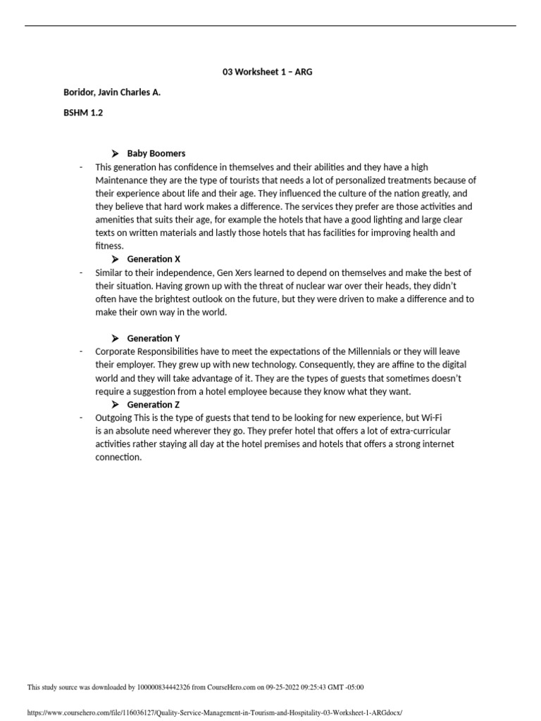Quality Service Management in Tourism and Hospitality 03 Worksheet 1 ...
