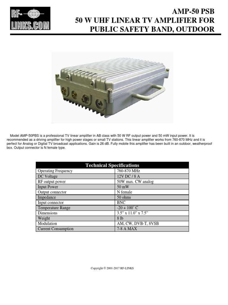 Amp-50 PSB 50 W Uhf Linear TV Amplifier For Public Safety Band, Outdoor ...