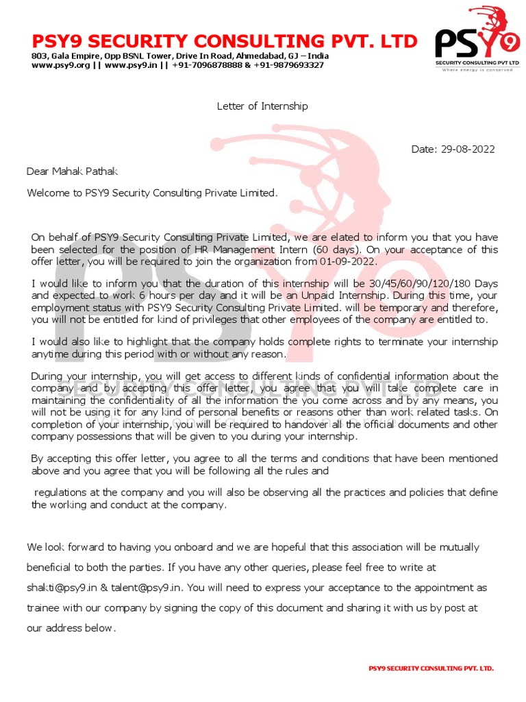 Letter of Offer - Veena Kumari - PSY9 Security Consulting | PDF ...