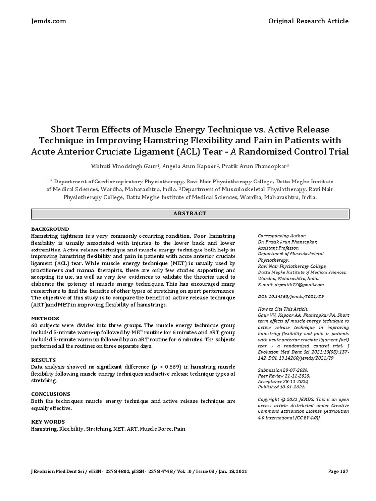 Short Term Effects of Muscle Energy Technique Vs A | PDF | Standard ...