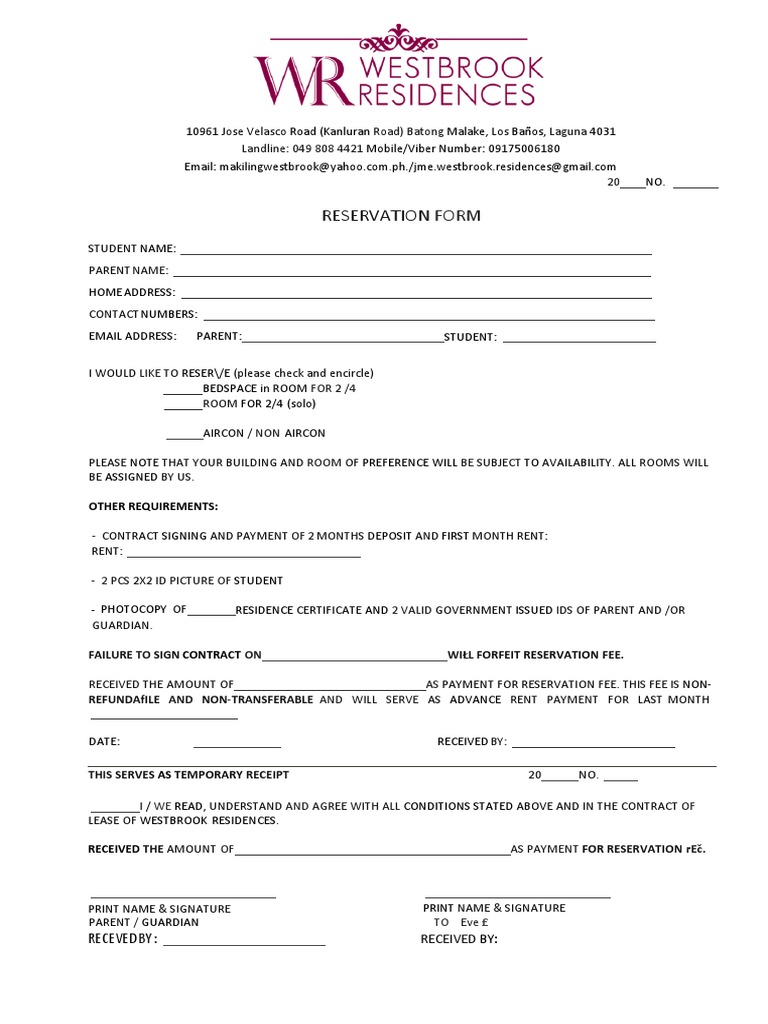 Reservation and Info Sheet 2022 | PDF