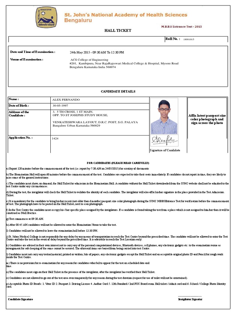 Hall Ticket: Date and Time of Examination: Venue of Examination | PDF