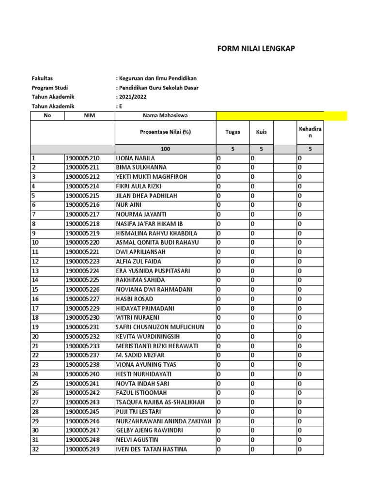 FORM NILAI LENGKAP | PDF