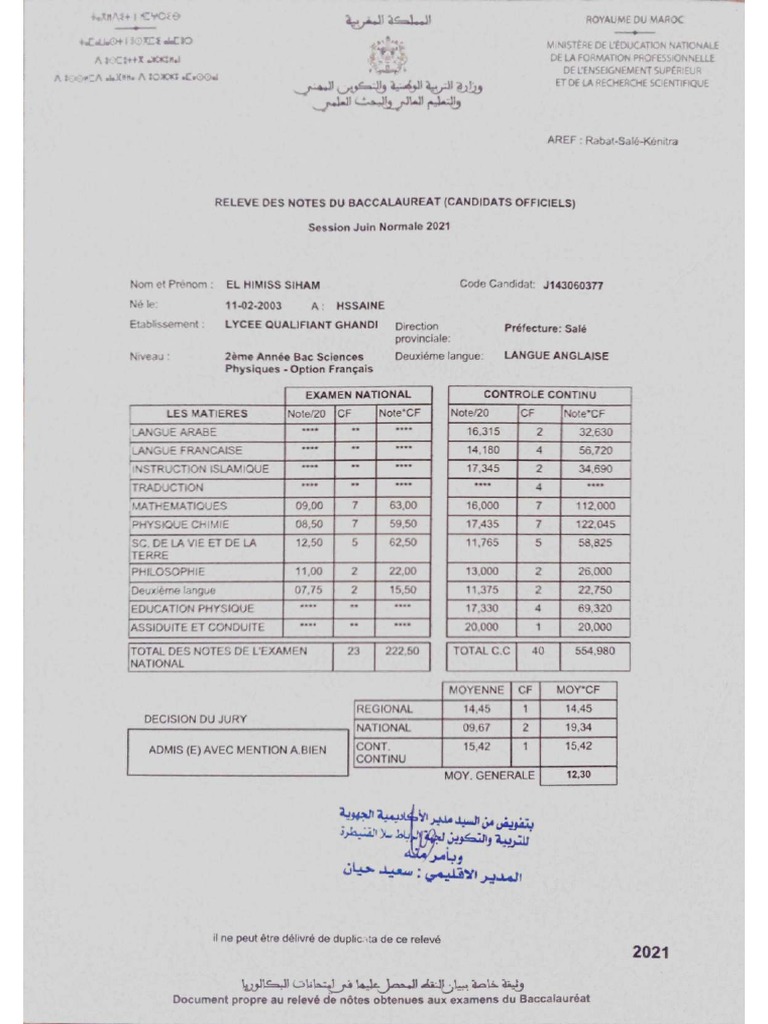 Relevé de Note - Compressed | PDF
