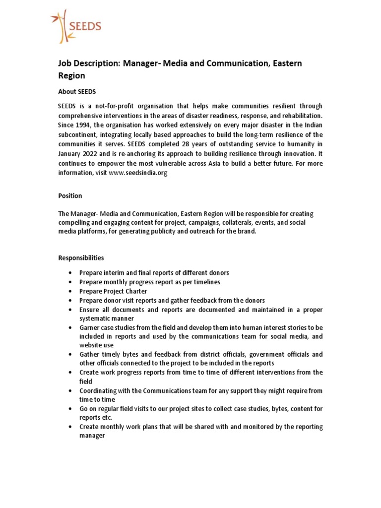 JD - Manager - Media and Comms | PDF | Communication | Negotiation