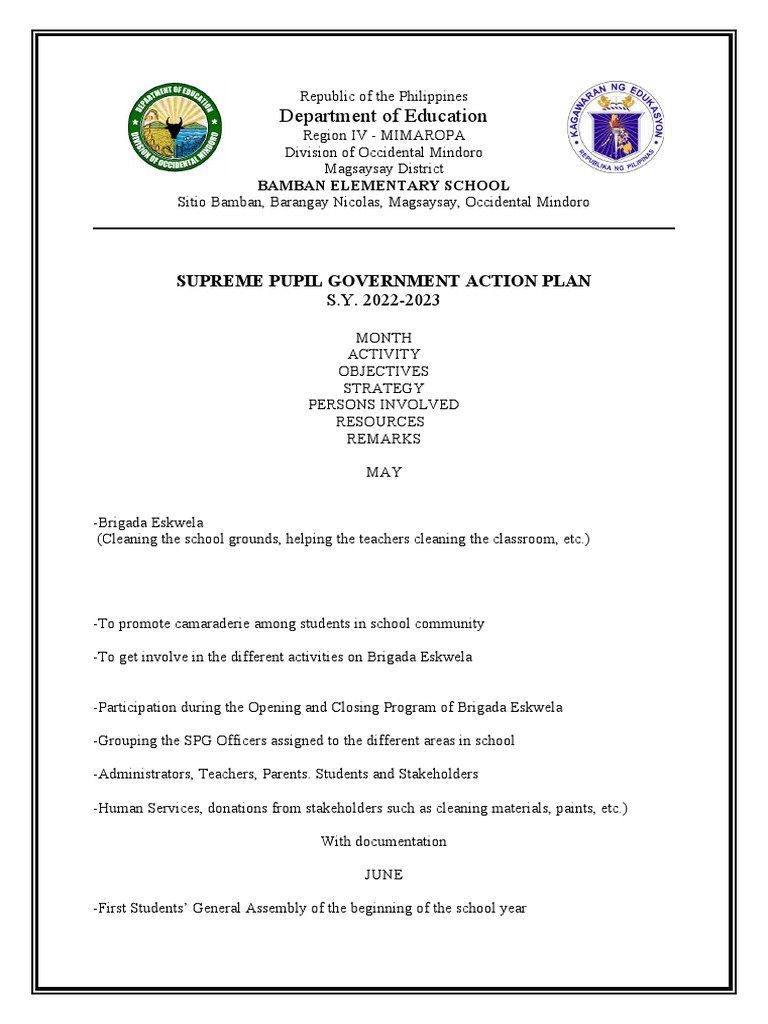 Supreme Pupil Government Action Plan 2022-2023 | PDF | Teachers | Learning