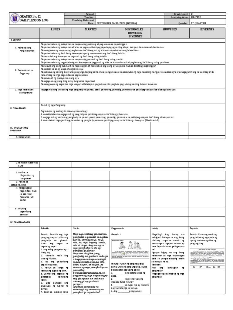 DLL - Filipino 6 - Q1 - W6 | PDF DLL - Filipino 6 - Q1 - W6 | PDF