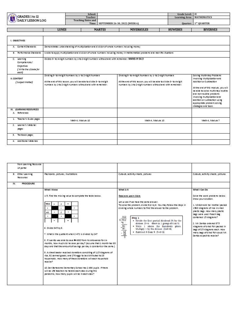 Grade 4 Math Lesson Plan: Division | PDF | Mathematics | Learning