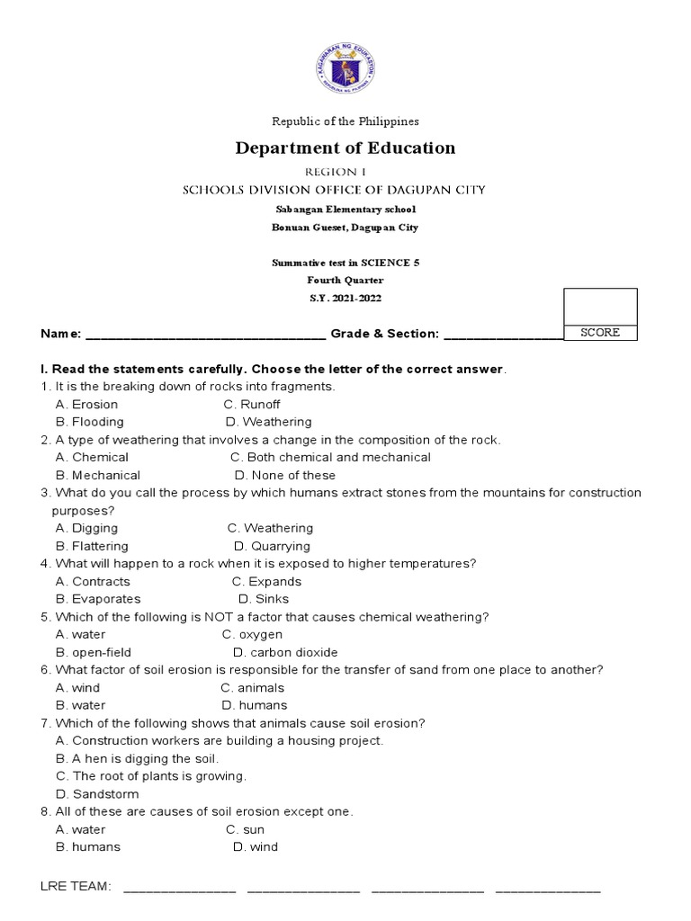 Summative Assessment on Science Topics Covering Rock Weathering, Soil ...