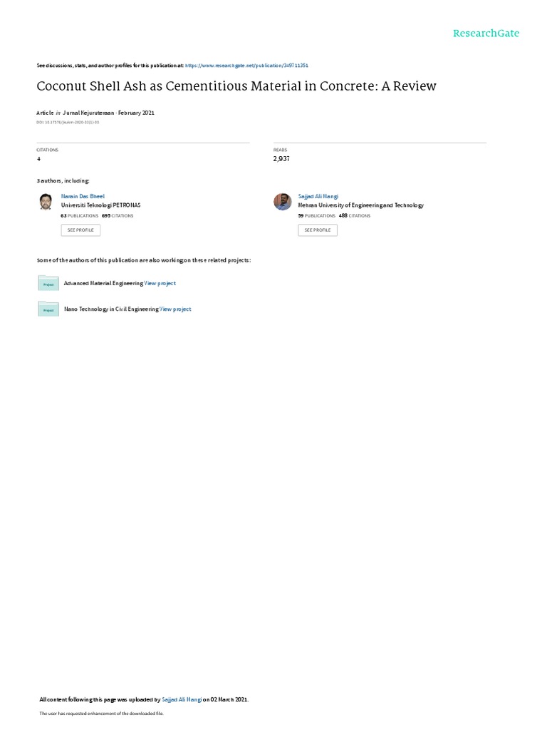 Coconut Shell Ash As Cementitious Material in Concrete: A Review | PDF ...