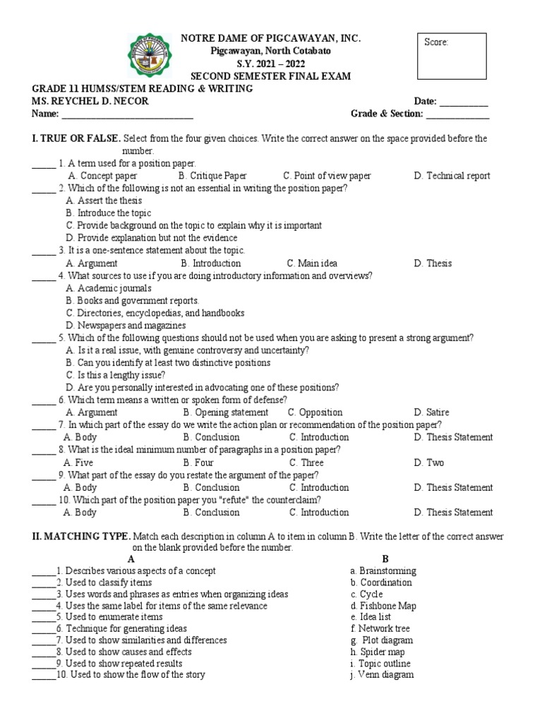 Grade 11 Reading & Writing Final Exam | PDF | Essays | Argument