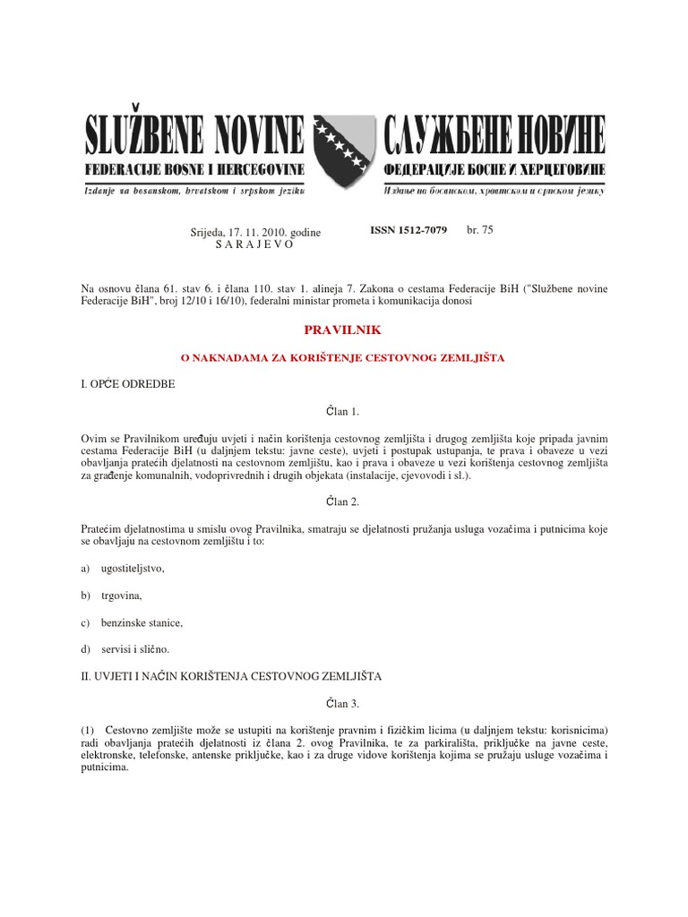 Pravilnik o Naknadama Za Koristenje Cestovnog Zemljista 17112010 | PDF