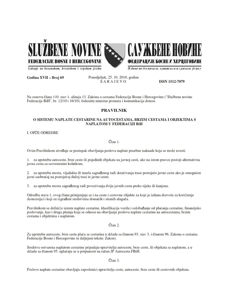 Pravilnik o Sistemu Naplate Cestarine 25102010 | PDF