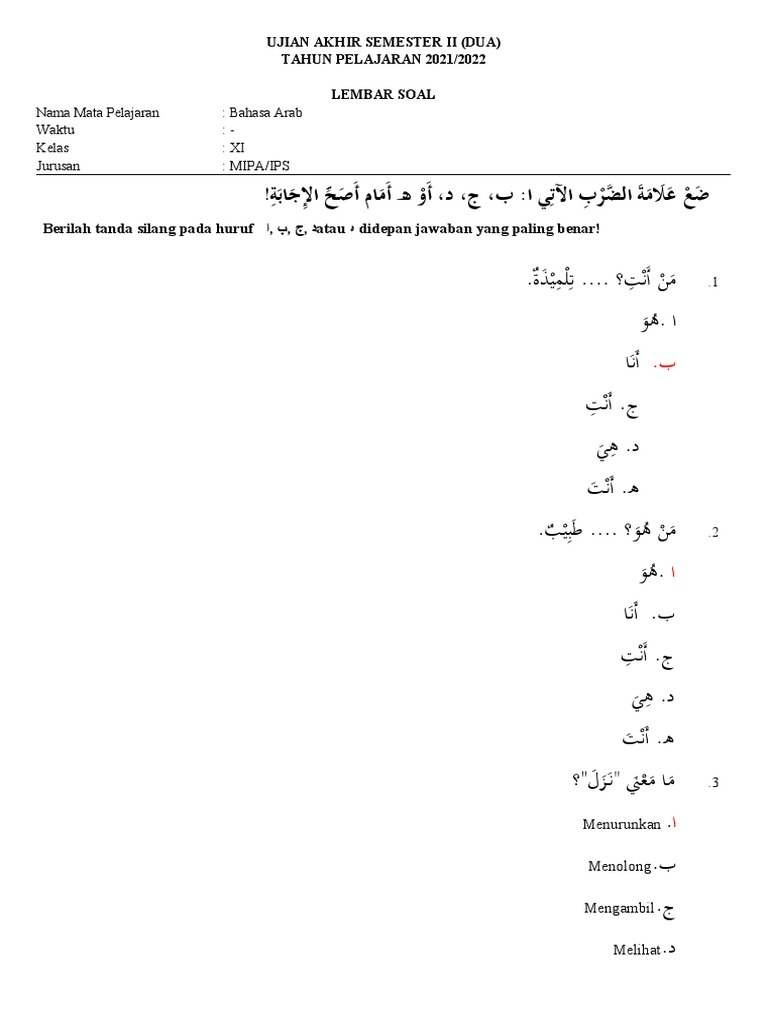 UAS Bahasa Arab Xi Contoh Soal | PDF