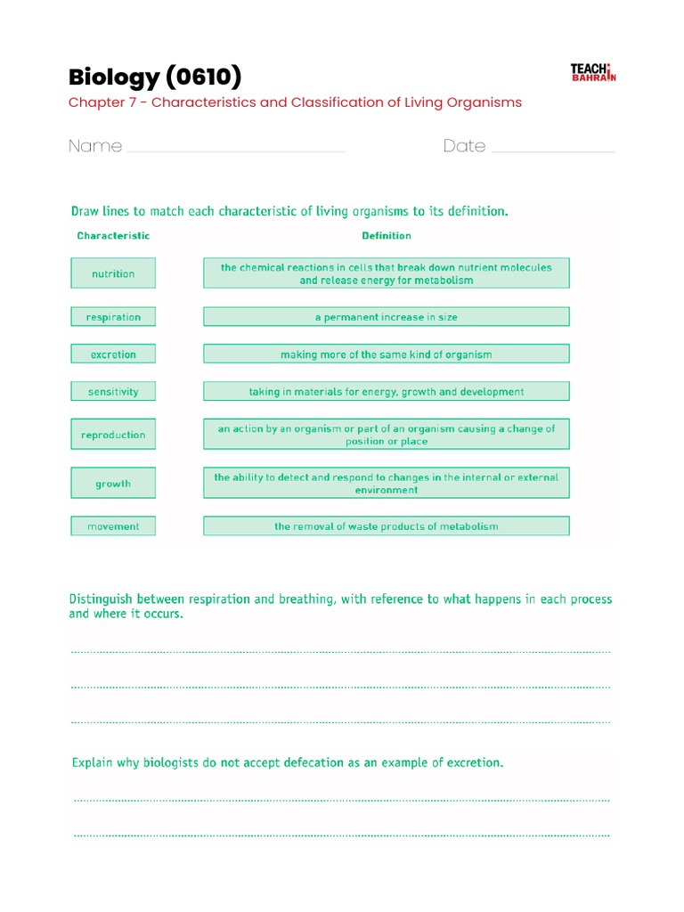 Biology (0610) - Test - September 2022 - Chapter 1 - Characteristics ...