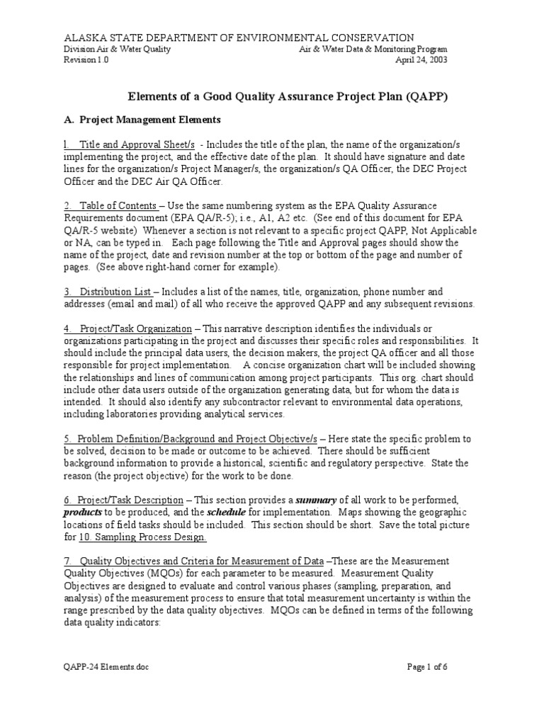 Elements of Quality Assurance Project Plan | PDF | Calibration ...