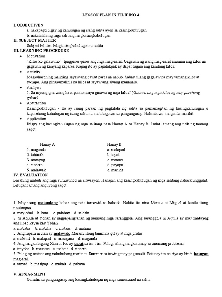 Lesson Plan in Filipino 4 (Magkasingkahulugan) | PDF