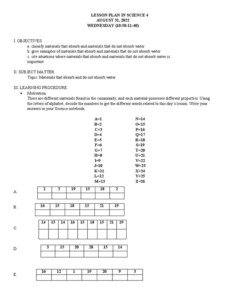 Lesson Plan in Science 4 (Absorb and Not Absorb) | PDF | Inquiry Based ...
