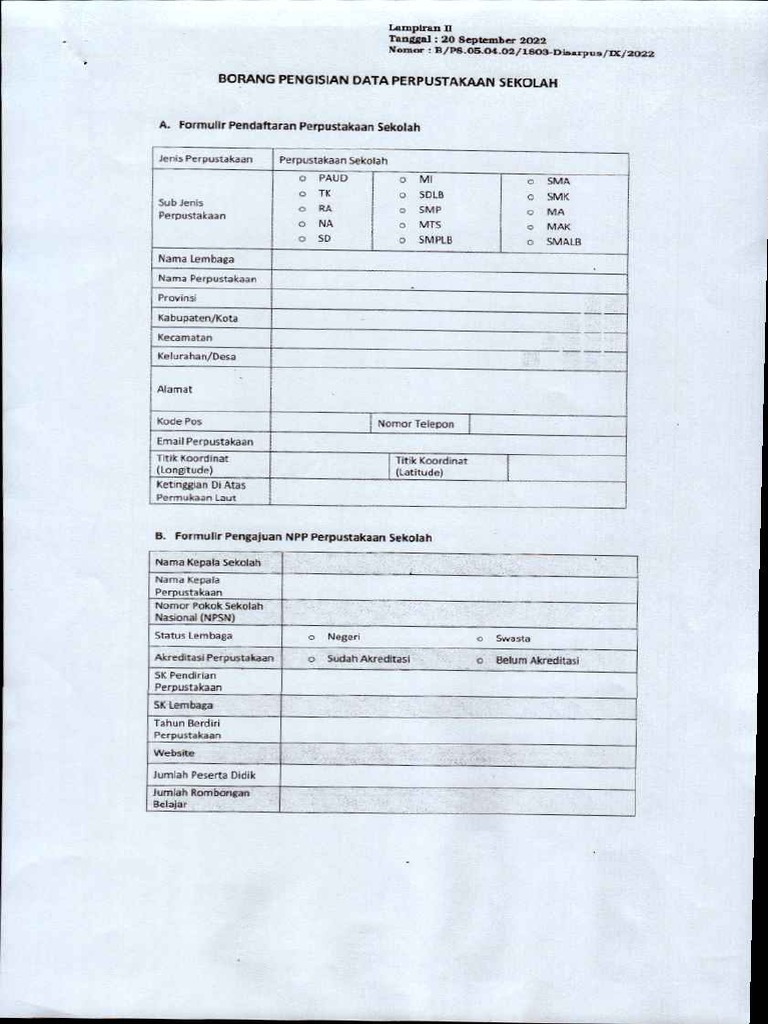 Borang Pengisian Data Perpustakaan Sekolah | PDF Borang Pengisian Data Perpustakaan Sekolah | PDF
