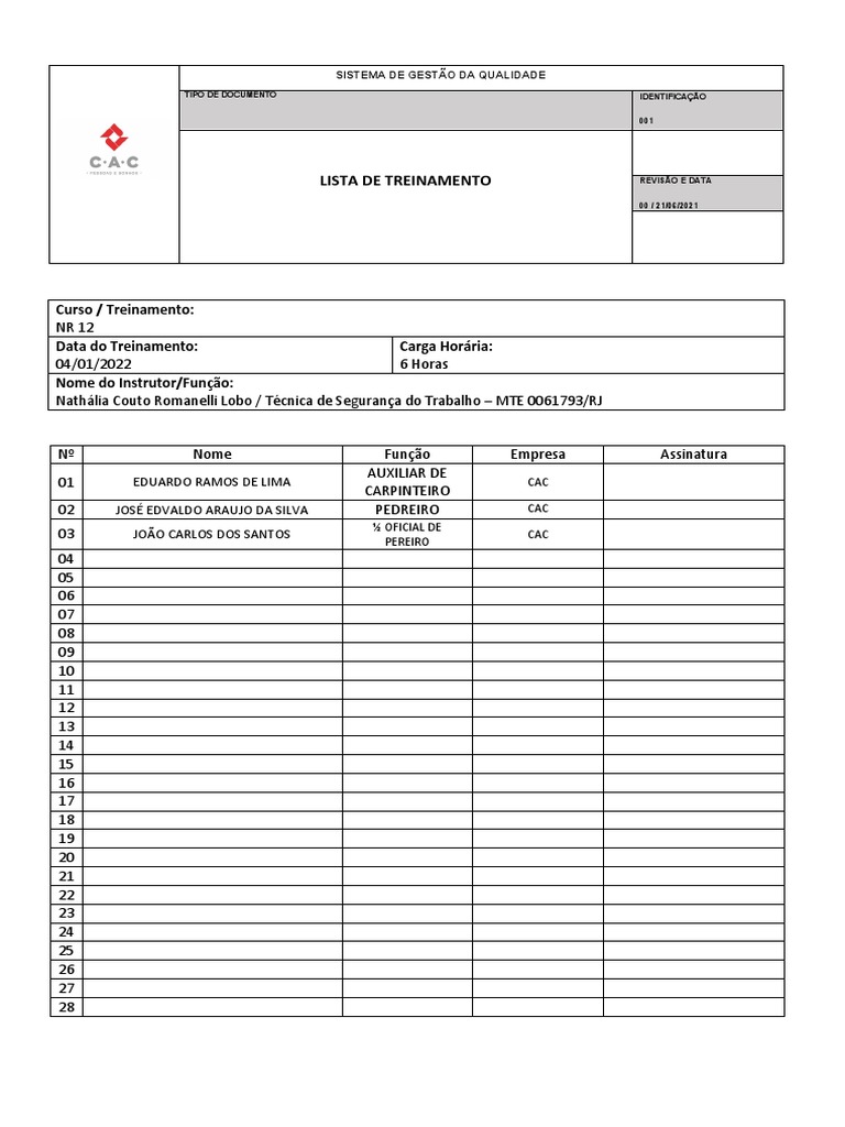 Lista de Treinamento - NR 12 | PDF