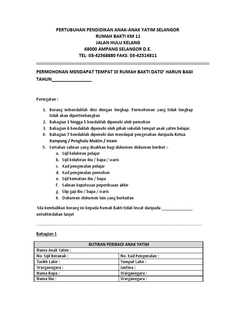 Borang Kemasukan Anak Yatim | PDF