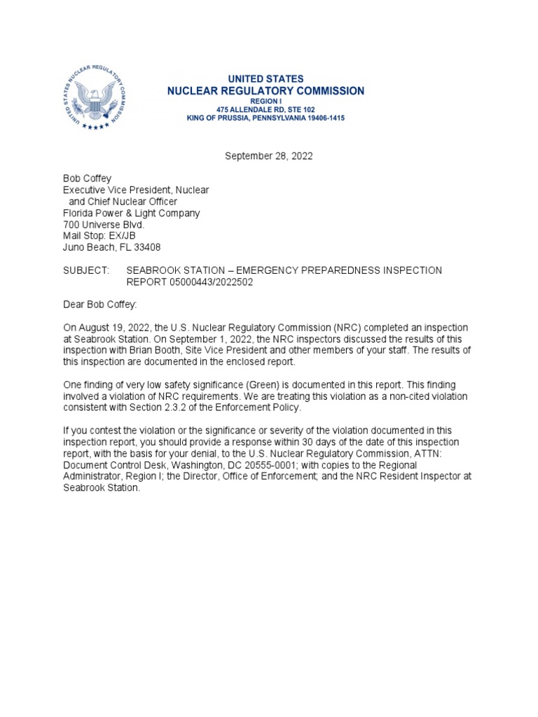 Seabrook EP IR 2022-502 | PDF | Nuclear Regulatory Commission | Emergency Management