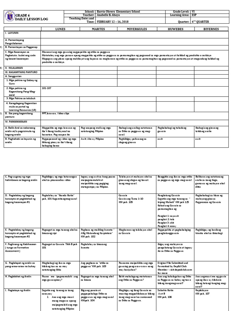 DLL - ESP 6-Mga Gawaing Nagpapakita NG Etiko Sa Paggawa | PDF
