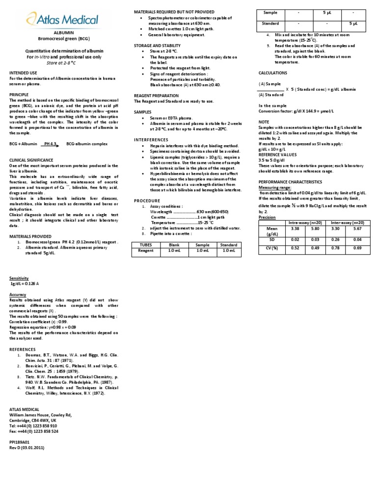 Albumin Package Insert | PDF | Absorbance | Spectrophotometry