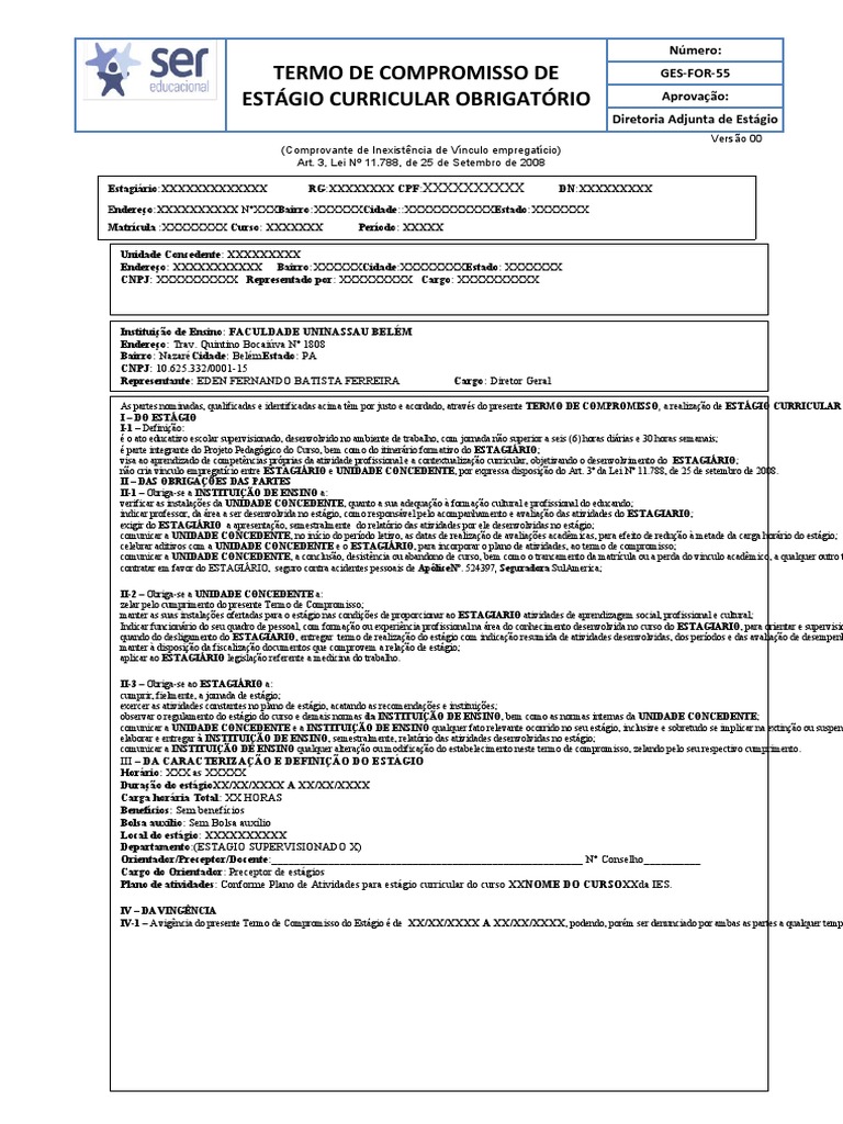 Termo de Compromisso de Estagio Curricular Obrigatorio (Uninassau ... Termo de Compromisso de Estagio Curricular Obrigatorio (Uninassau ...