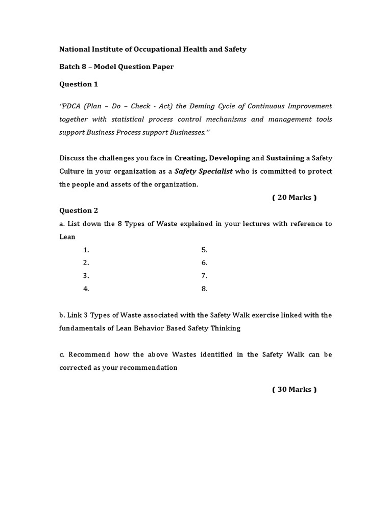 Suggested Exam Paper On OSH | Download Free PDF | Occupational Safety ...