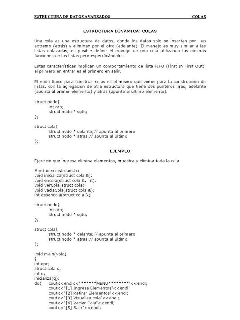Colas en C++ | PDF | Cola (tipo de datos abstractos) | C