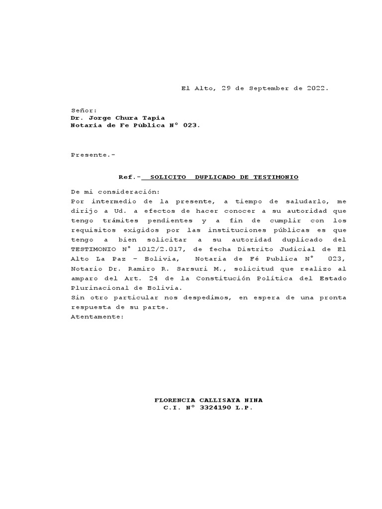 Carta Duplicado de Testimonio | PDF Carta Duplicado de Testimonio | PDF