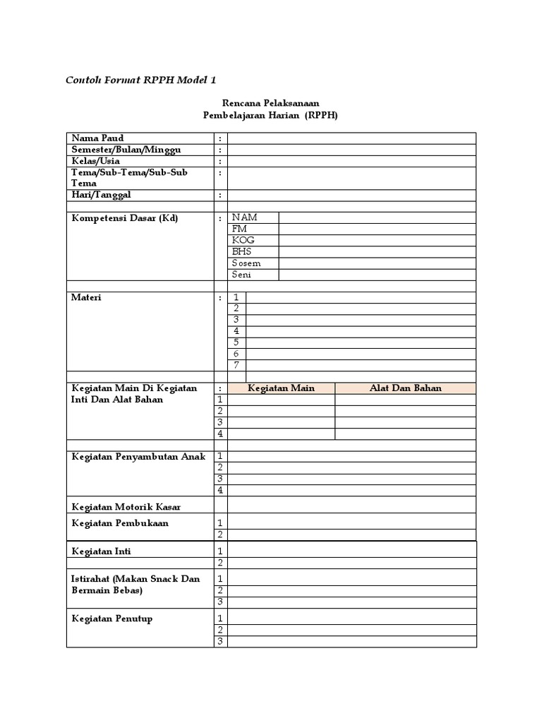 Contoh Format RPPH Model 1 | PDF