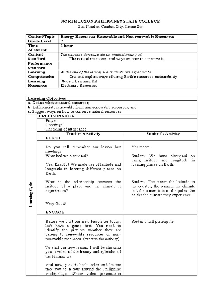 Detailed - Lessonplan-Energy Resources | PDF | Renewable Energy ...