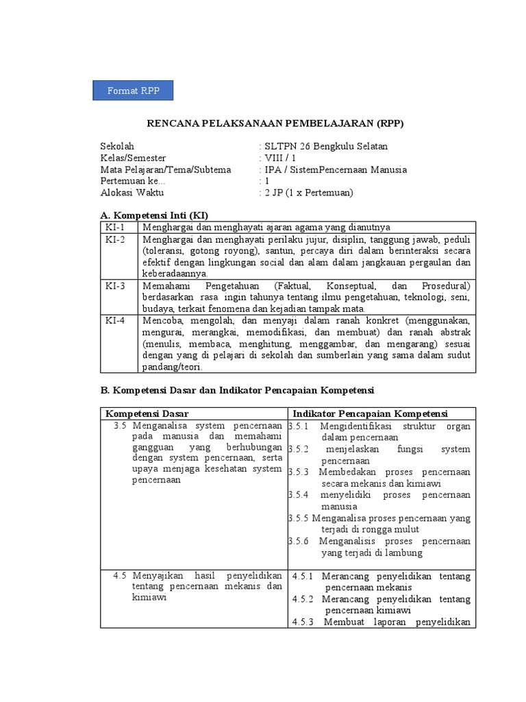 RPP Sistem Pencernaan Manusia Kelas VIII | PDF