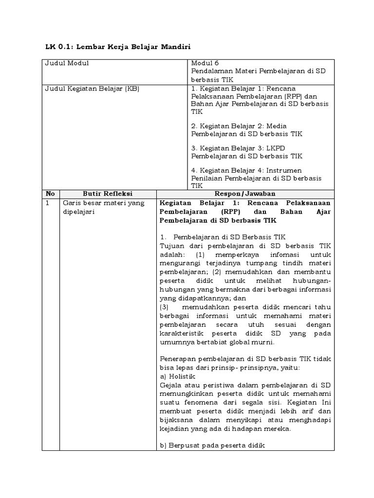 LK 0.1 Lembar Kerja Belajar Mandiri - 6 PEMBELAJARAN DI SD BERBASIS TIK | PDF