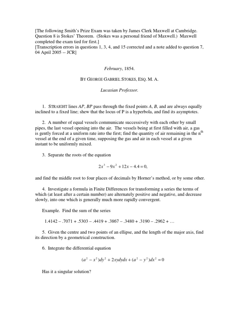 Smiths Prize Exam | PDF | Lens (Optics) | Line (Geometry)