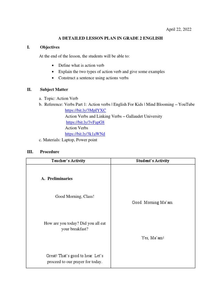 Grade 2 Detailed Lesson on Action Verbs | PDF | Verb | Object (Grammar)