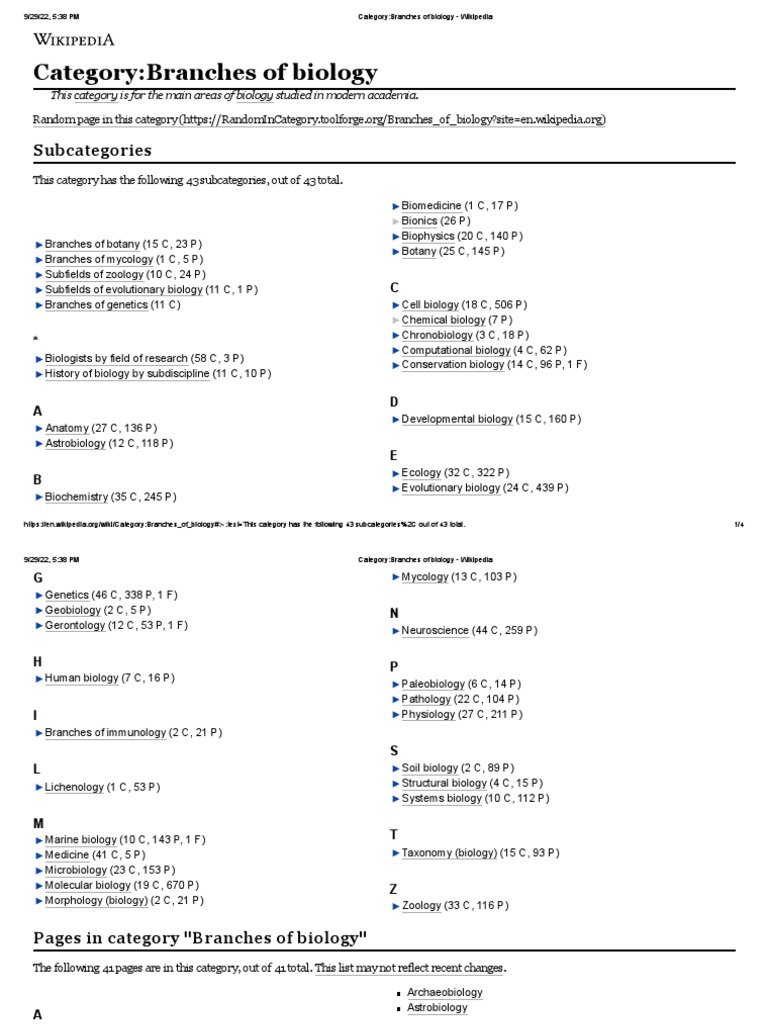 Category - Branches of Biology - Wikipedia | PDF | Biology | Science