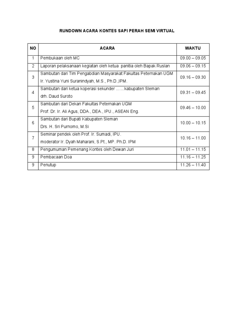 Rundown Acara Kontes Sapi Perah Semi Virtual | PDF Rundown Acara Kontes Sapi Perah Semi Virtual | PDF