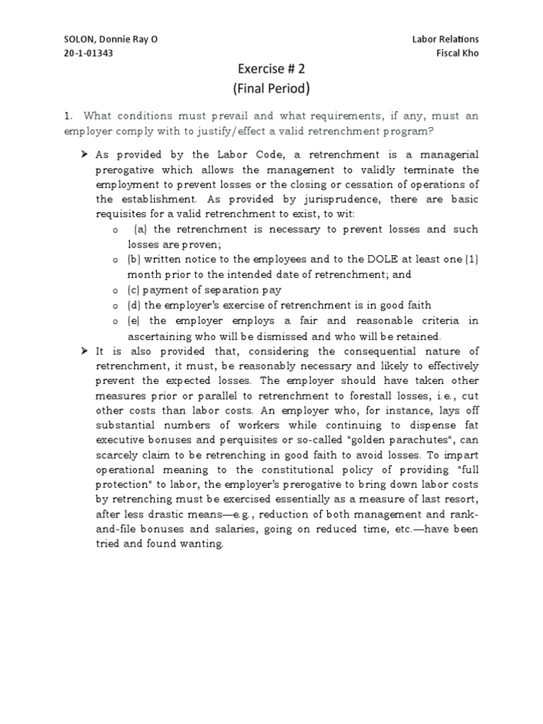 SOLON - Labor Relations - Exercise No.2-Finals | PDF | Layoff | Employment