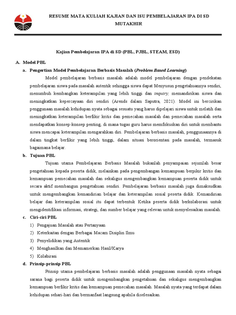 Model Pembelajaran IPA di SD: PBL & PjBL | PDF