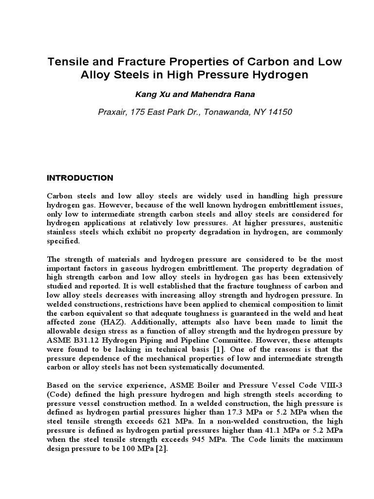 Tensile and Fracture Properties of Carbon and Low Alloy Steels in High Pressure Hydrogen | PDF ...