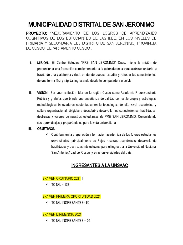 Informacion Triptico Pre San Jeronimo | PDF