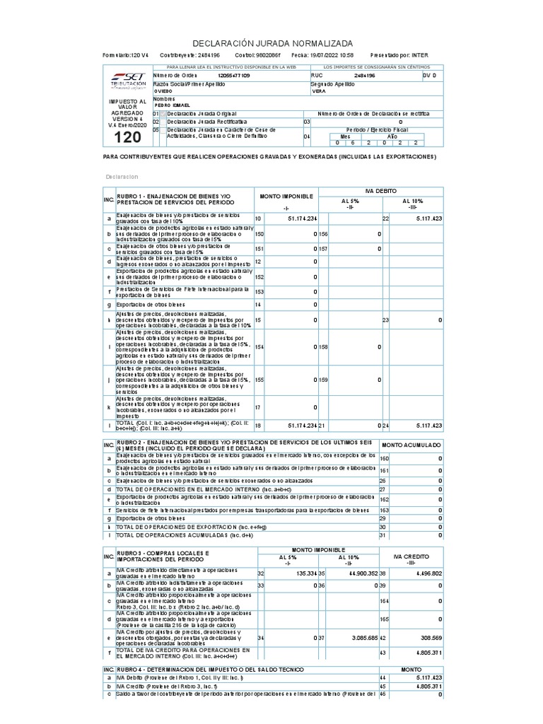 Declaración Jurada IVA Formulario 120 | PDF | Impuesto al valor agregado | Impuestos