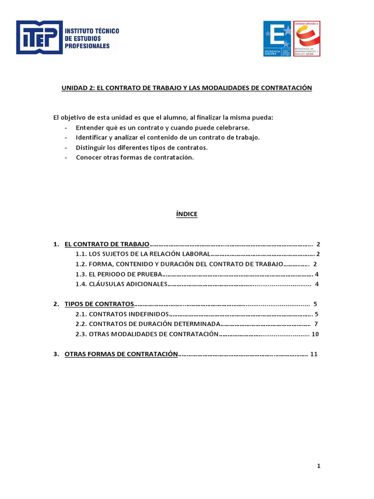 U2. El Contrato de Trabajo y Las Modalidades de Contratación. | PDF | Derecho laboral | Tiempo ...